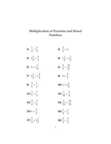 Multiplication of Fractions and Mixed Numbers Worksheet (with solutions ...