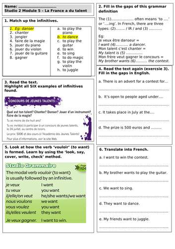 Studio 2 Module 5 - La France a du talent (Revision worksheet ...