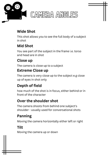 Film Studies: Camera Angles Worksheet | Teaching Resources
