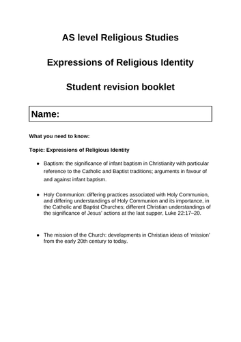 AQA A level/AS Religious Studies Student note taking booklets for ...