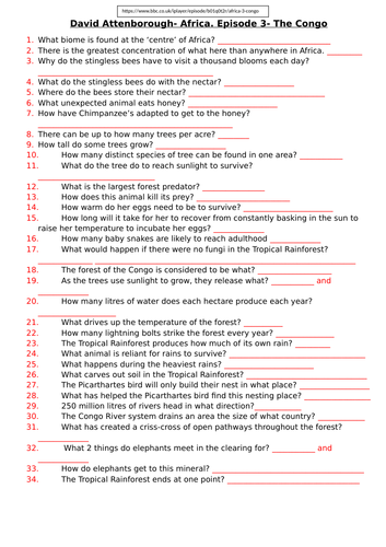 David Attenborough-Africa Congo question sheet | Teaching Resources