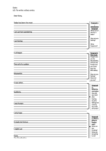 The BFG - Diary entry of the Bloodbottler | Teaching Resources