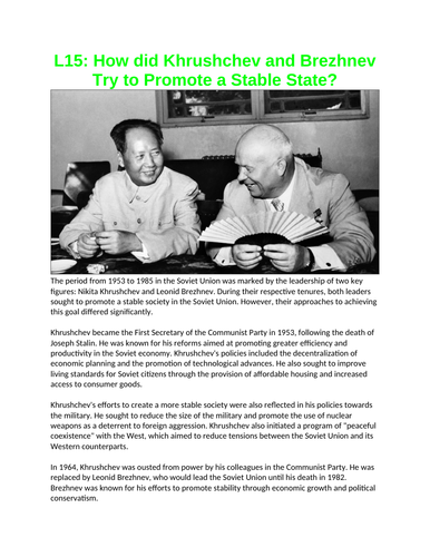Khrushchev Brezhnev Stable State USSR | Teaching Resources