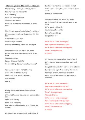 Year 6 Leavers Lyrics to The Musical SIX | Teaching Resources