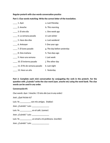 Regular preterit with clue words conversation practice | Teaching Resources