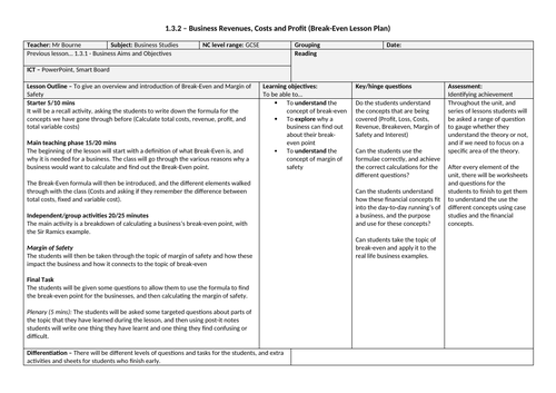 Edexcel GCSE Business - Break-Even Analysis | Teaching Resources