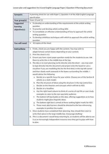 AQA A Level Language Paper 2 Question 4 Planner | Teaching Resources
