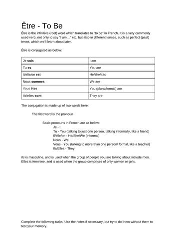 Conjugating Être Worksheet - Beginner | Teaching Resources Conjugating Être Worksheet - Beginner | Teaching Resources