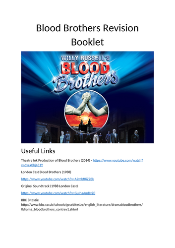 Blood Brothers Revision Booklet/Work Book/ Cover Work | Teaching Resources