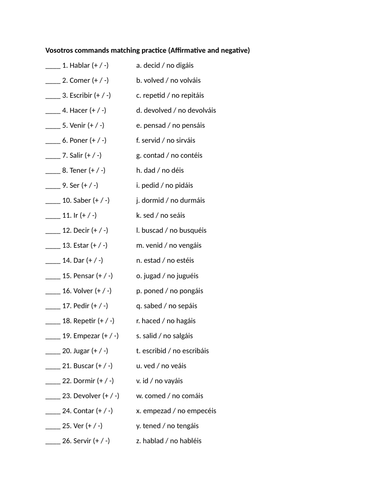 Vosotros commands matching practice (Affirmative and negative ...