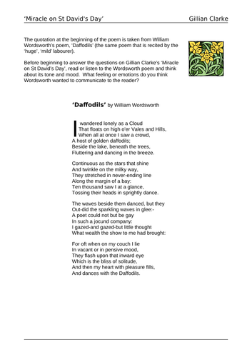 Miracle on St David's Day by Gillian Clarke | Teaching Resources