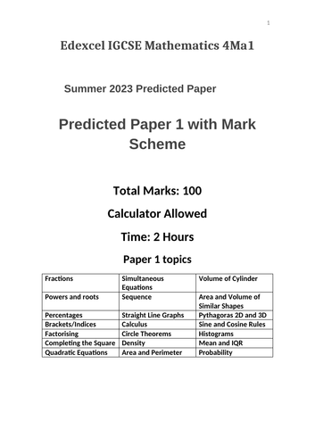 IGCSE Mathematics Summer 2023 Predicted Paper 1H | Teaching Resources
