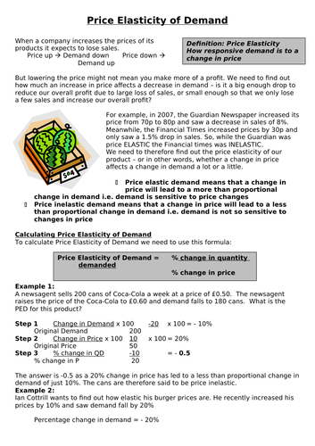 Price Elasticity of Demand (PED) Worksheets - A Level | Teaching Resources