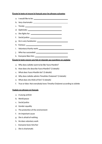 04. GCSE FRENCH: Role models (EPI/MARS EARS) | Teaching Resources