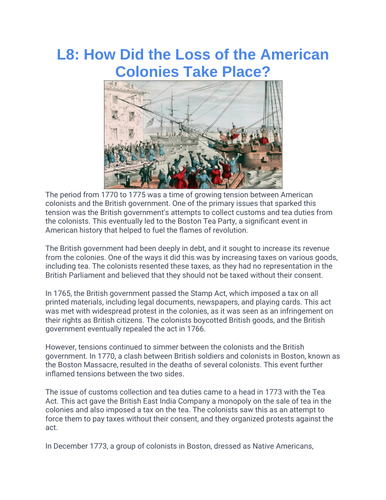 American Colonies Loss of the | Teaching Resources