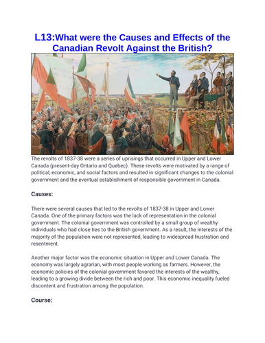 Canadian Revolt British Empire | Teaching Resources