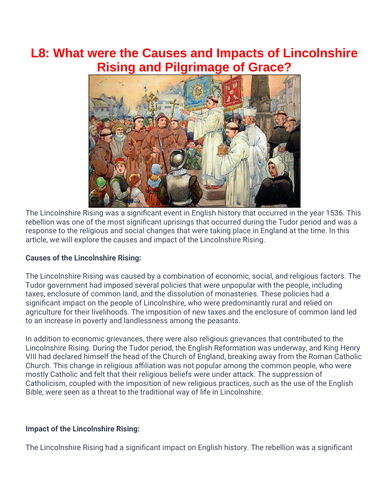 Lincolnshire Rising Pilgrimage of Grace | Teaching Resources