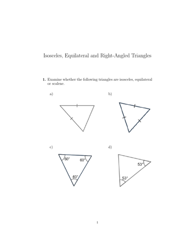 Isosceles Equilateral And Right Angled Triangles Worksheet With