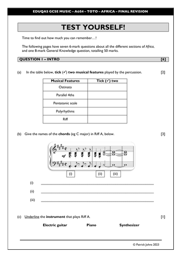Eduqas GCSE Music - Africa by Toto - Final Revision | Teaching Resources