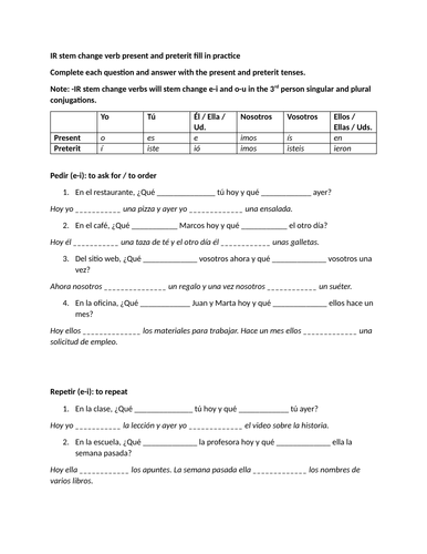 IR stem change verb present and preterit fill in practice | Teaching ...