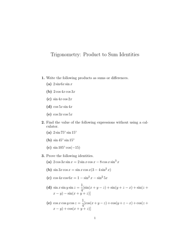 Trigonometry-Product to Sum Identities Worksheet (with solutions ...