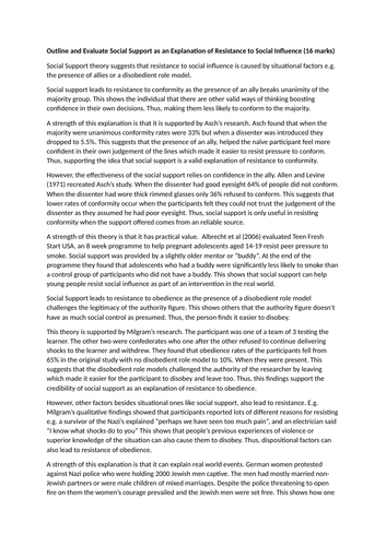 Social Support Resistance to Social Influence Essay 16 Mark Model ...