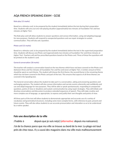 Aqa French Speaking Exam Example Answers To Standard Questions Gcse Teaching Resources