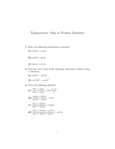 Trigonometry Sum To Product Identities Worksheet With Solutions