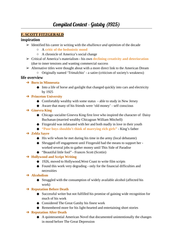 The Great Gatsby Key Notes | Teaching Resources