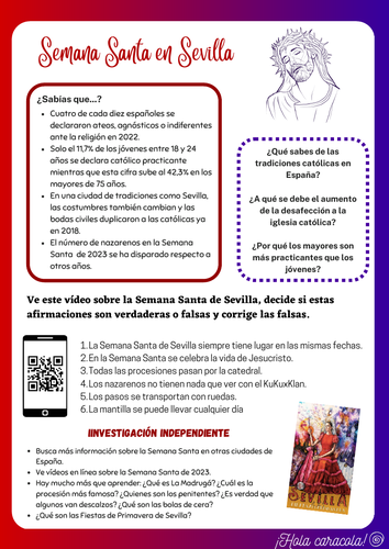 A-level Spanish - Semana Santa en Sevilla worksheet | Teaching Resources