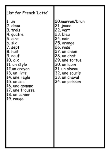 French Lotto/Bingo Cards | Teaching Resources