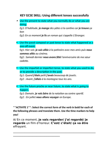 GCSE French Grammar and translation revisions -Using 3 time frames ...