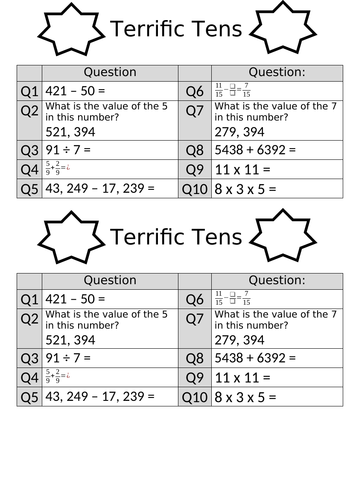 Year 5 Arithmetic Daily Terrific Tens | Teaching Resources