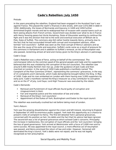 AQA A-Level History: Cade's Rebellion Summary Sheet Unit 2B War of the ...
