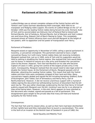 AQA A-Level History: Parliament of Devils Summary Sheet Unit 2B War of ...