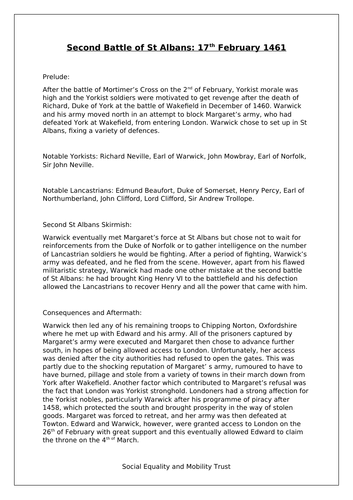 AQA A-Level History: Second Battle of St Albans Summary Sheet Unit 2B ...
