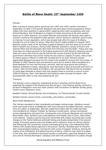 AQA A-Level History: Battle of Blore Heath Summary Sheet Unit 2B War of ...