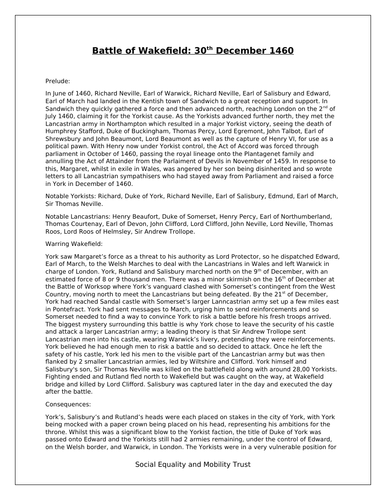 AQA A-Level History: Battle of Wakefield Summary Sheet Unit 2B War of ...