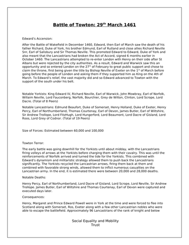 AQA A-Level History: Battle of Towton Summary Sheet Unit 2B War of the ...