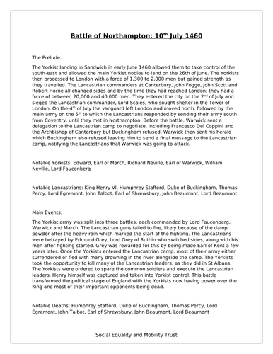 AQA A-Level History: Battle of Northampton Summary Sheet Unit 2B War of ...