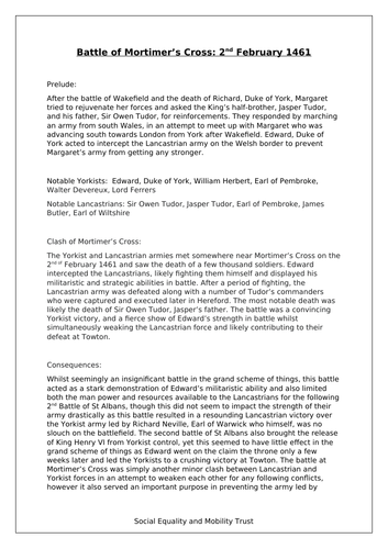 AQA A-Level History: Battle of Mortimer's Cross Summary Sheet Unit 2B ...