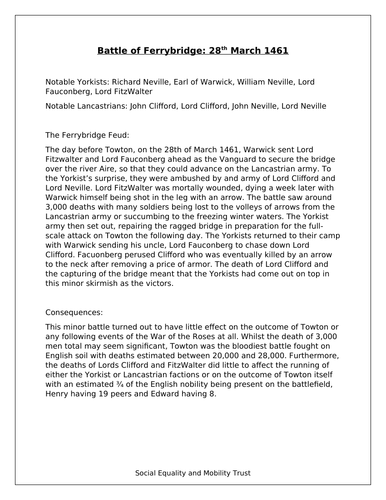 AQA A-Level History: Battle of Ferrybridge Unit 2B War of the Roses ...