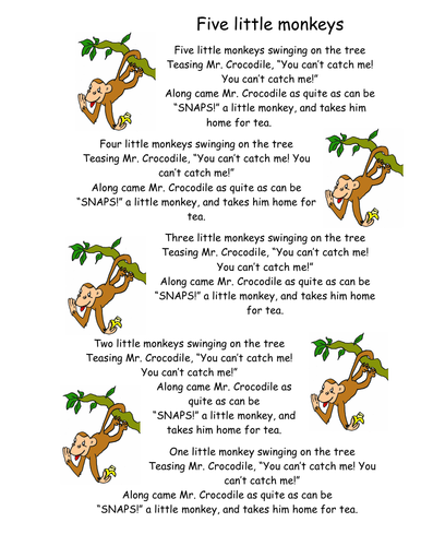 5 LITTLE MONKEYS SWINGING IN THE TREE NUMBER RHYME SINGING MATHS EYFS ...