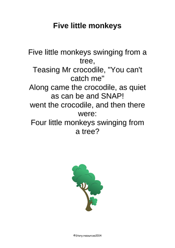 5 LITTLE MONKEYS SWINGING IN THE TREE NUMBER RHYME SINGING MATHS EYFS ...