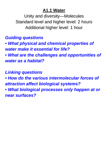 IB Biology From 2023 A1.1 Water Student notes + Questions and Answer ...