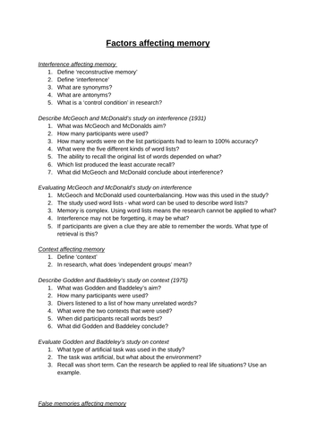 Memory unit worksheet bundle | Teaching Resources