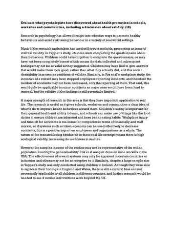 Cambridge A-level Psychology - Health - 10 mark evaluation model answer ...