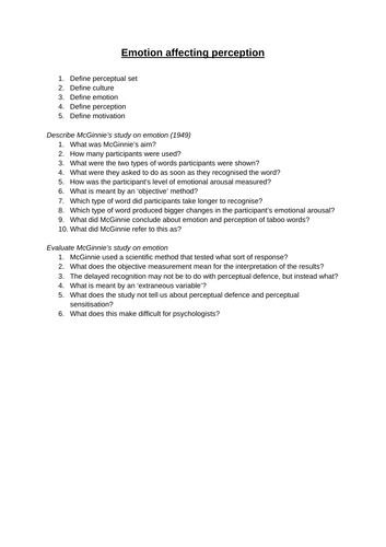 Perception unit worksheet bundle | Teaching Resources