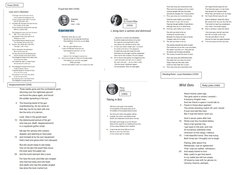 Love Through the Ages post 1900 poems all on one sheet | Teaching Resources