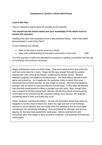 'Lord of the Flies' Eduqas GCSE Practice Papers - Bundle 1 | Teaching ...